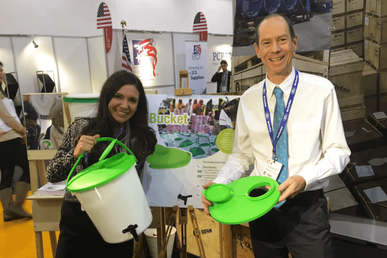 Oxfam, NRS Relief launch the new Jerry Bucket at AidEx in Brussels